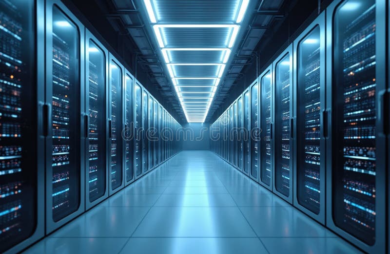 Modern Server Room with Glowing Lights Rows of Servers. High-tech Data Center, Cloud Computing ...