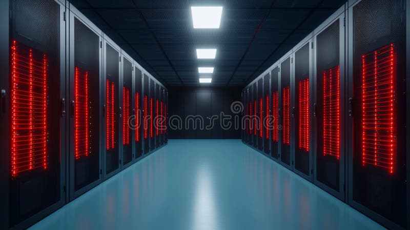 Modern Server Room with Glowing Red Lights Stock Illustration ...