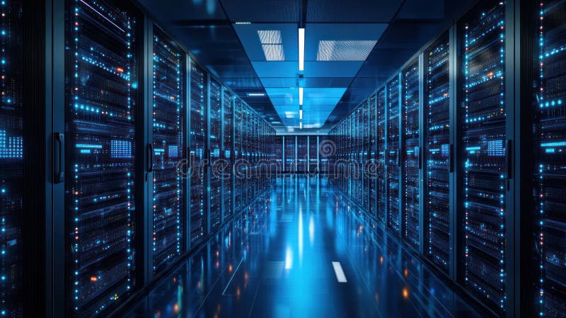 Modern Server Room, Illuminated by Blue Light, Showing Rows of Racks ...
