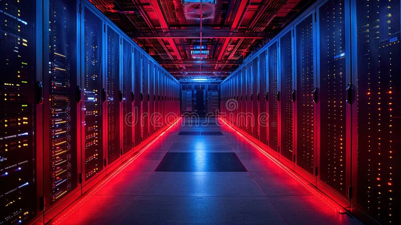 Modern Server Room Illuminated with Red and Blue Lights Stock Photo ...