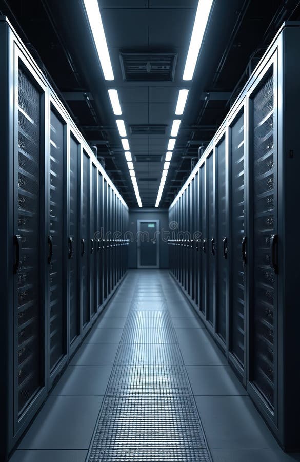 Modern Server Room with LED-lit Racks. Computing Center Infrastructure ...