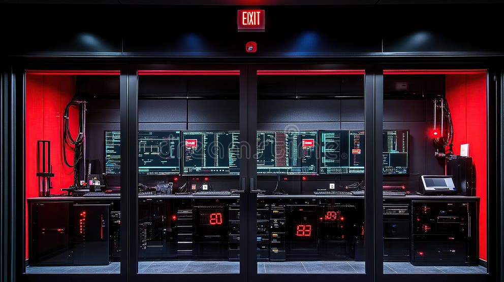 Modern Server Room with Multiple Computer Displays, Emphasizing Control ...