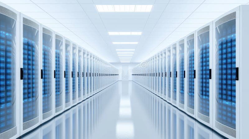 Modern Server Room with Neat Rows of White Racks. Organized Server ...