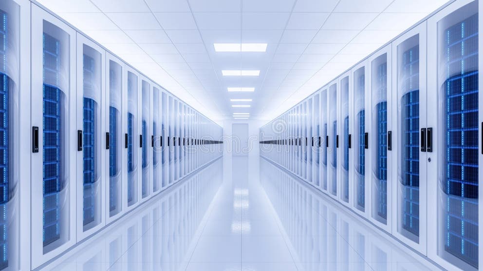Modern Server Room with Neatly Organized Racks, Servers Under Soft White Lighting. Tech Savvy ...