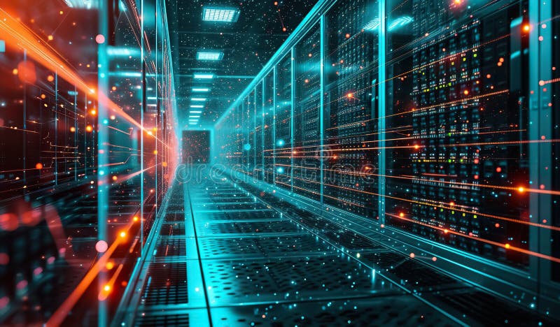 Modern Server Room with Racks, Technology and Digital Database Concept ...