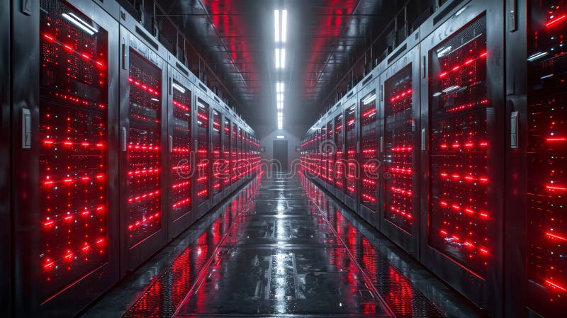 Modern Server Room with Red Sensors for Computing Work in a Huge ...