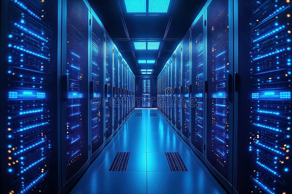 Modern Server Room with Rows of Computer Machines. Blue LEDs Indicate ...