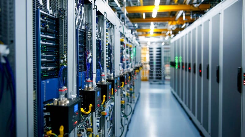 Modern Server Room with Rows of Data Cabinets and Networking Equipment ...