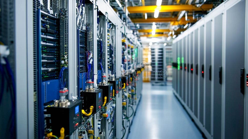 Modern Server Room with Rows of Data Cabinets and Networking Equipment ...