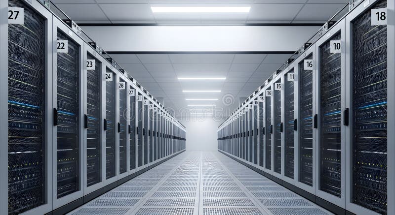 Modern Server Room with Rows of Data Racks, Symbolizing Technology, Cloud Computing, and Digital ...