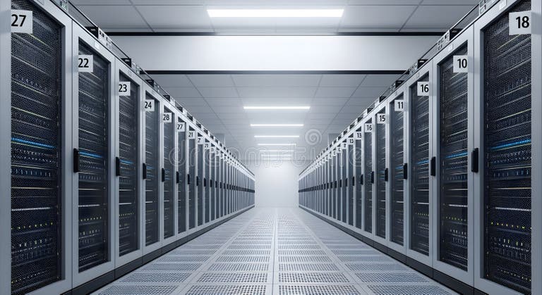Modern Server Room with Rows of Data Racks, Symbolizing Technology, Cloud Computing, and Digital ...