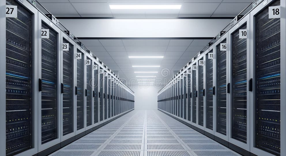 Modern Server Room with Rows of Data Racks, Symbolizing Technology ...