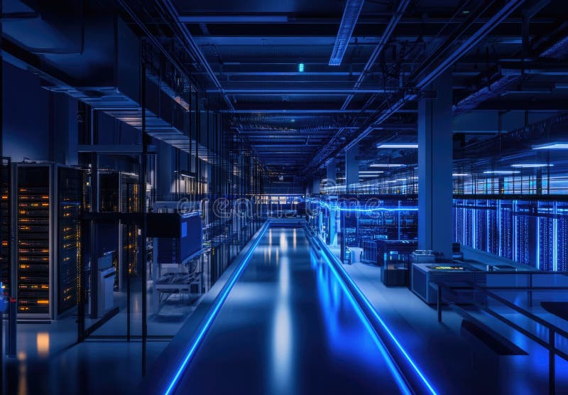 Modern Server Room with Rows of Illuminated Data Center Machines in ...
