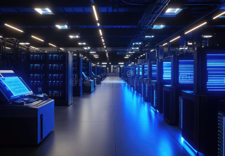 Modern Server Room with Rows of Illuminated Data Center Machines in ...