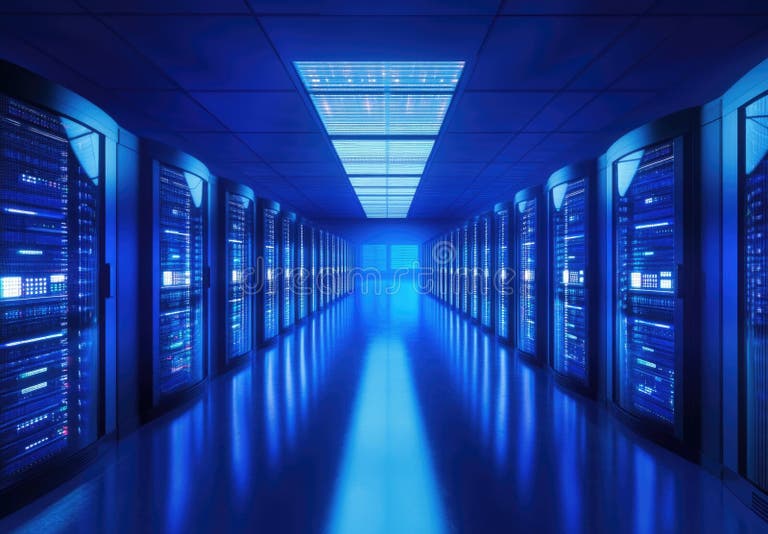 Modern Server Room with Rows of Illuminated Data Center Machines in ...
