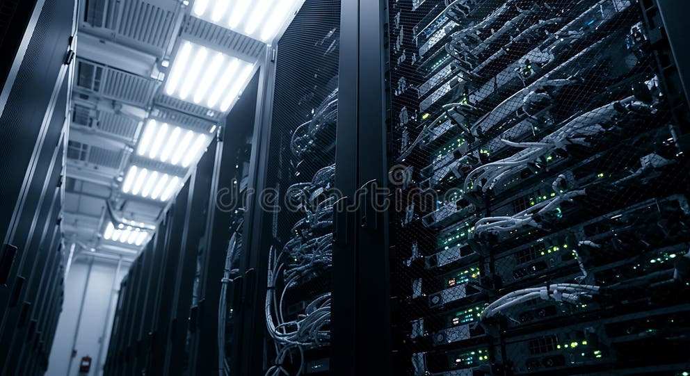 Modern Server Room with Rows of Racks and Bright Lighting Stock ...
