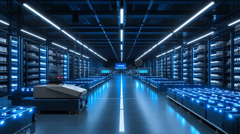 Modern Server Room with Rows of Servers and Blue Lighting Stock ...