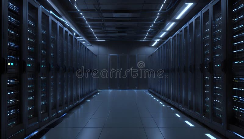 Modern Server Room with Rows of Servers and Blue Lights Stock Vector ...