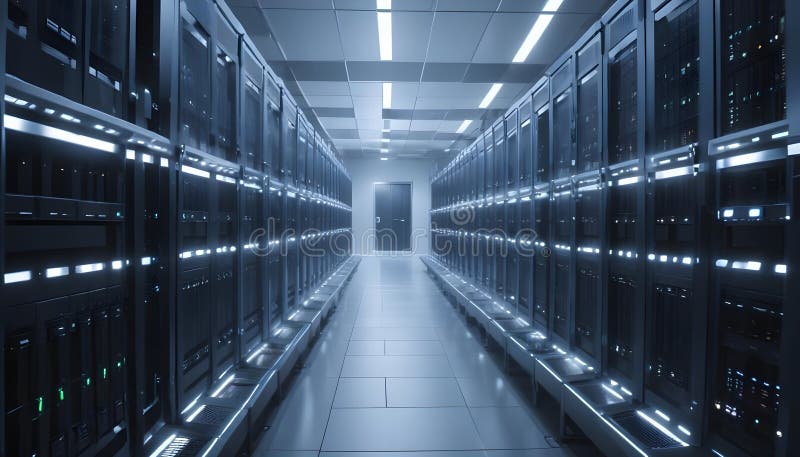 Modern Server Room with Rows of Servers and Blue Lights Stock Vector ...