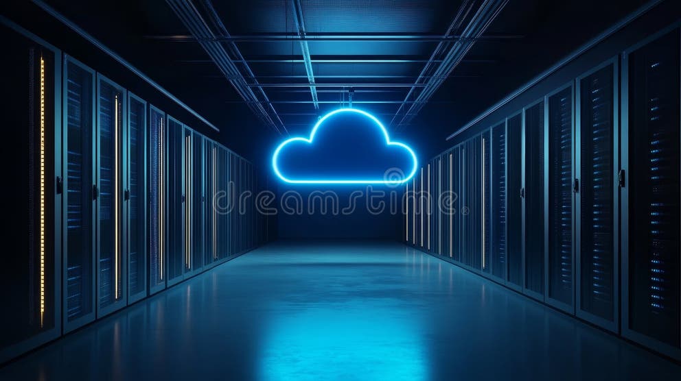 A Modern Server Room with Rows of Servers Illuminated by a Glowing Blue ...