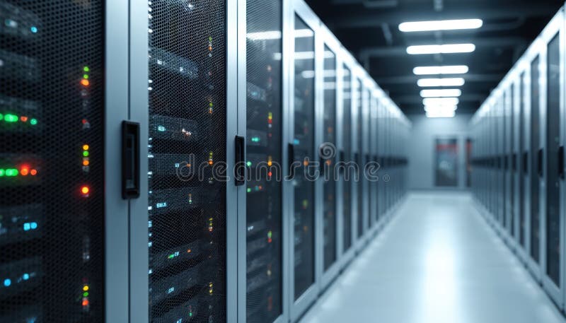 Modern Server Room with Silver Server Racks Under Bright Artificial Lighting. Digital Data ...