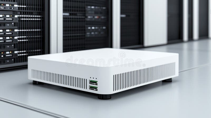 Modern Server Setup Featuring Sleek, White Server Unit with USB Ports ...