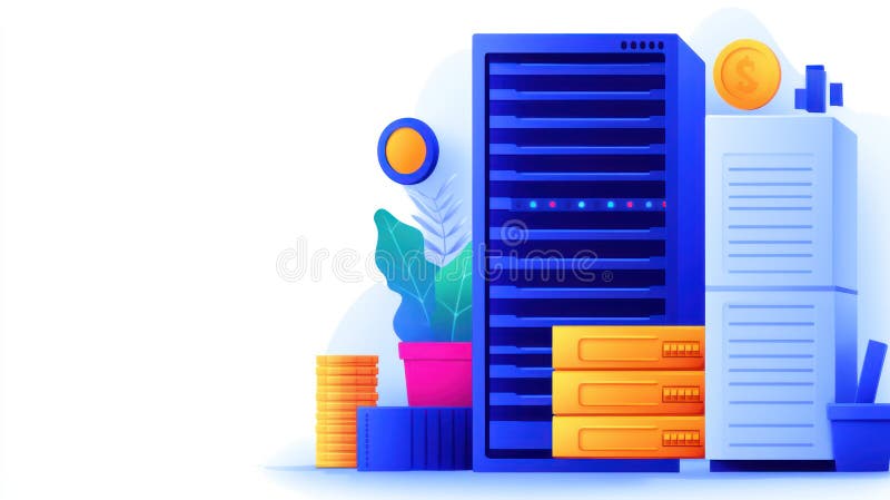 Modern Server Setup Illustration Featuring Server Rack, Storage Units ...