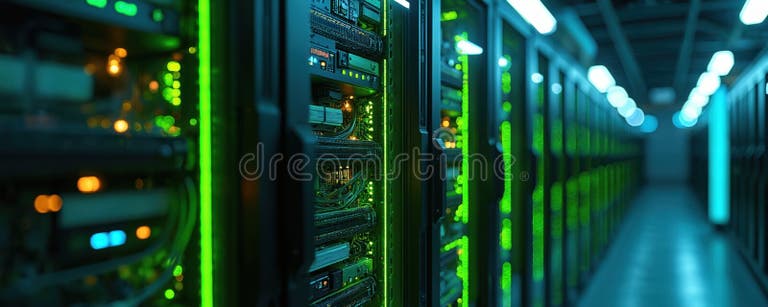 Modern Server Units with Neon Green Framework, Intricate Wiring in Tech ...