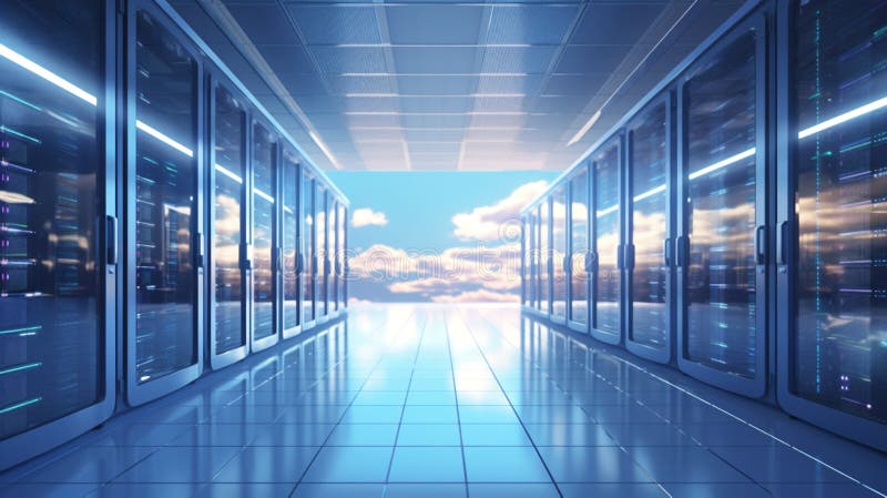 Modern Servers in a Data Center with Apps on Screens. Data Network ...