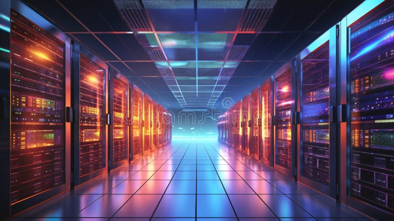 Modern Servers in a Data Center with Apps on Screens. Data Network ...