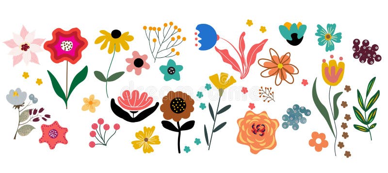 Modern Set of Abstract Elements Flowers and Leaves, Bright Minimal ...