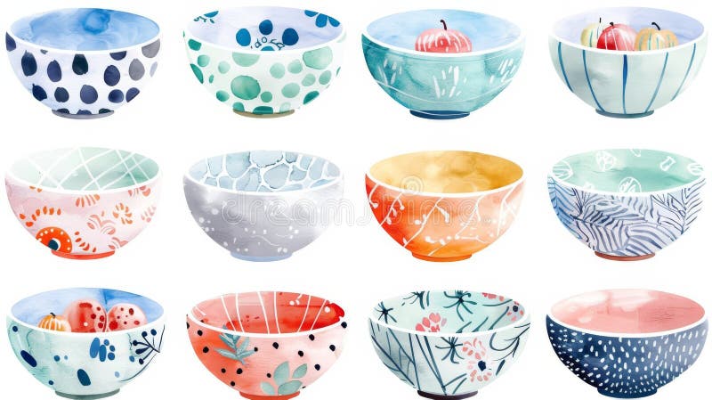 The Modern Set Contains Empty Bowls with Various Patterns in Watercolor ...