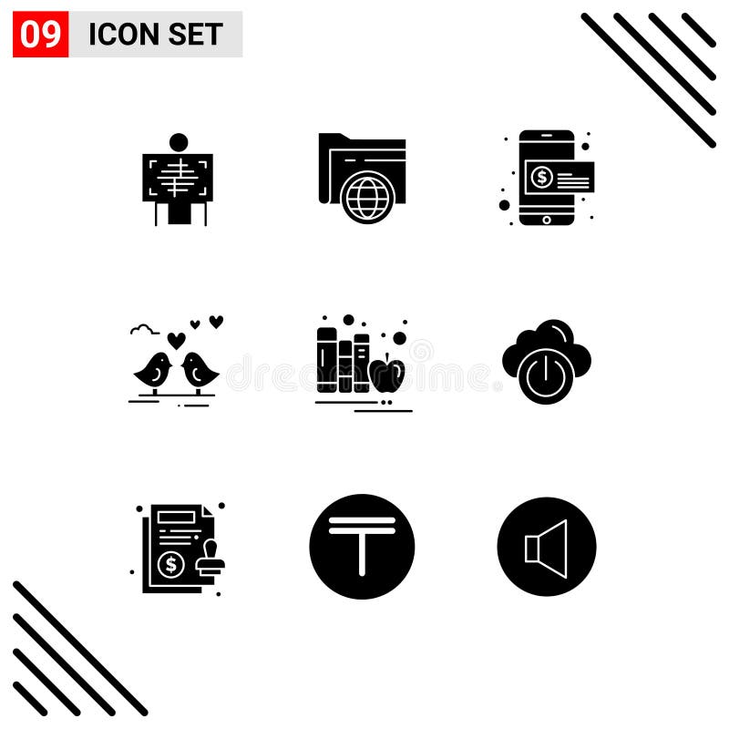 Modern Set of 9 Solid Glyphs and Symbols Such As Books, Heart, Coin ...