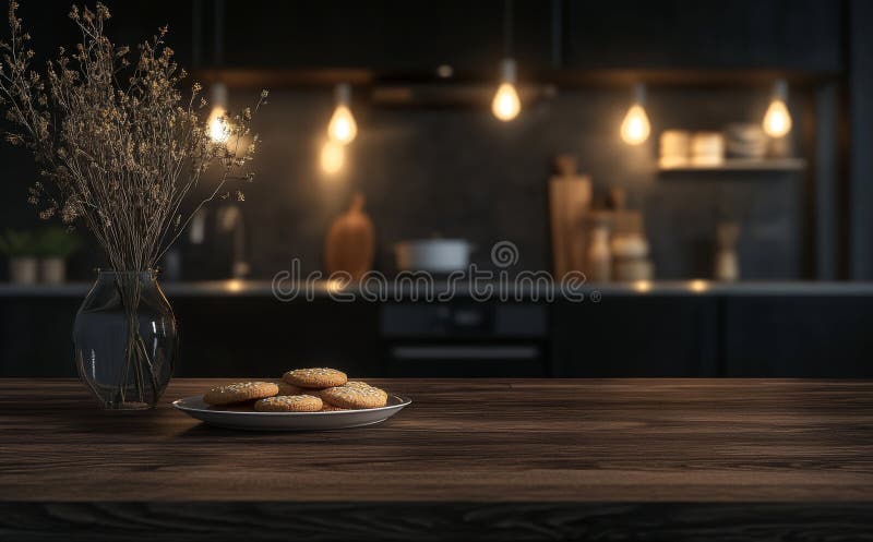 In a Modern Setting, a Rustic Kitchen Table with Flowers and Snacks is ...