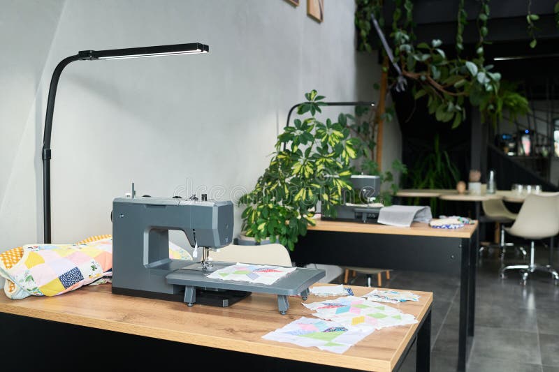 Modern Sewing Machine Stitching Colorful Patchwork Quilt in Creative Studio Stock Image - Image ...
