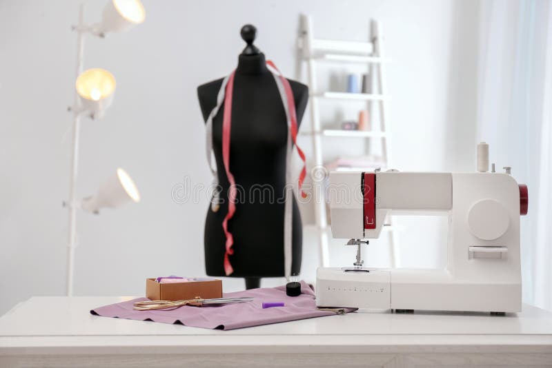 Modern Sewing Machine with Tailor S Supplies on Table in Workshop Stock ...