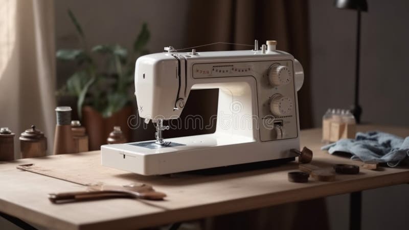 Modern Sewing Machine with Threads on Table Stock Illustration ...