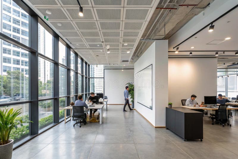 Modern Shared Office Space with Large Blank Wall Stock Illustration ...