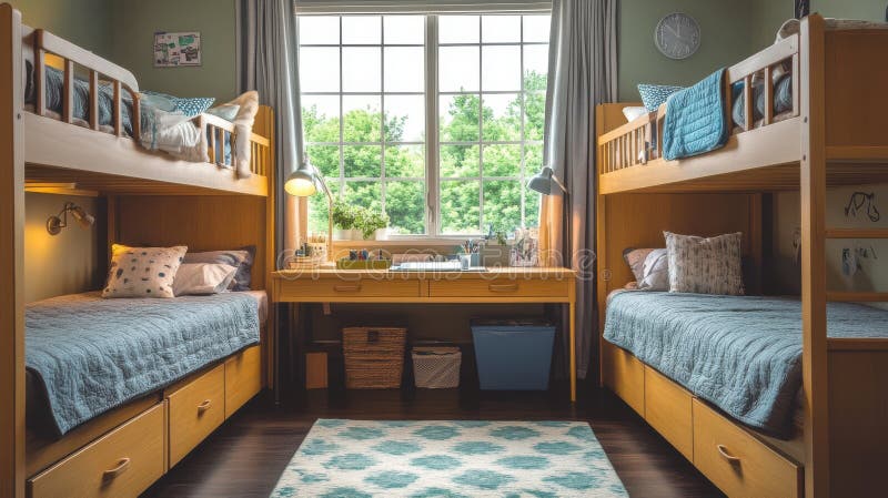Modern Shared University Dorm Room with Bunk Beds and Study Area Stock ...