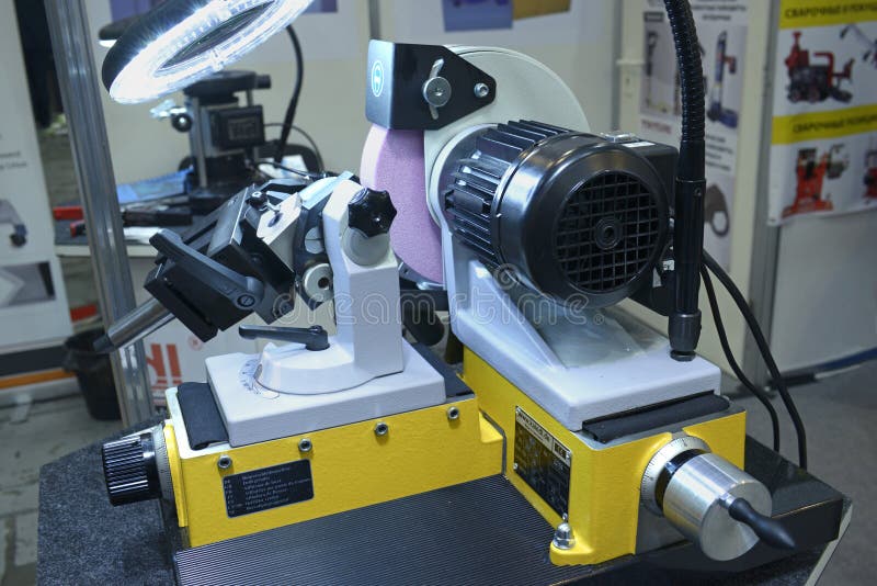 Modern Sharpening Machine Set on a Work Table. Industrial Exhibition ...