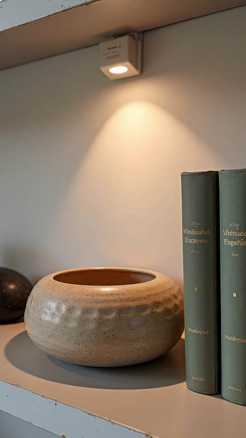 Modern Shelf with Ceramic Bowl, Books, and Spotlight Lighting Stock ...