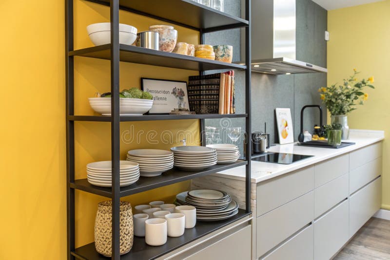 Modern Shelving Unit with Dishware and Kitchen Counter Stock ...