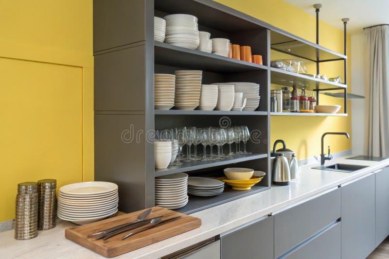 Modern Shelving Unit with Dishware and Kitchen Counter Stock ...