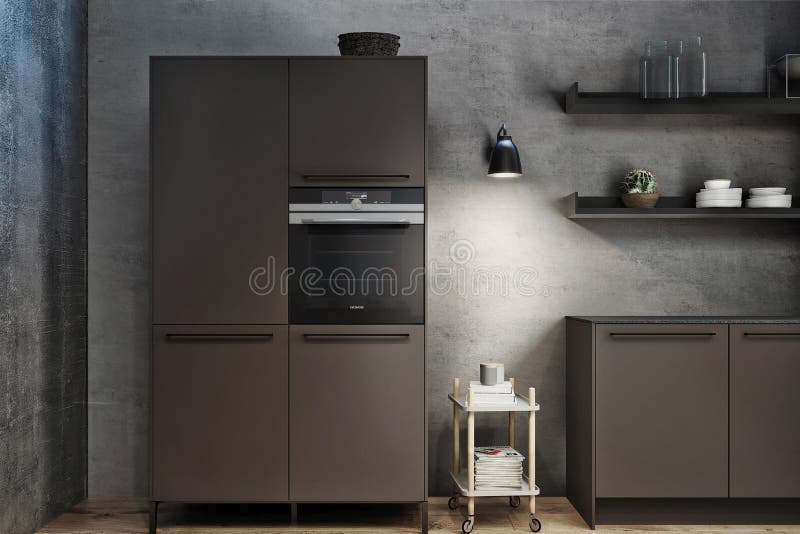 .Modern Shelving Unit with Gas Stove and Plates on the Shelf in Kitchen ...