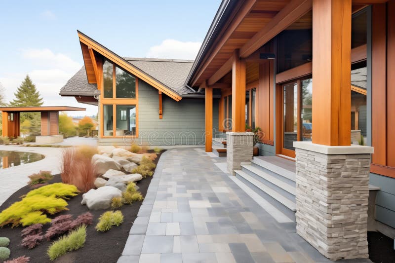 Modern Shingle Home with Mixed Stone Entry Path Stock Photo - Image of ...