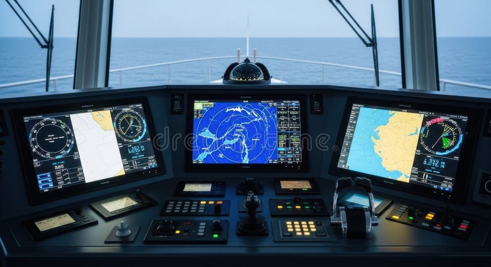 Modern Ship Bridge Navigation Station Featuring Multiple Advanced Electronic Displays and ...