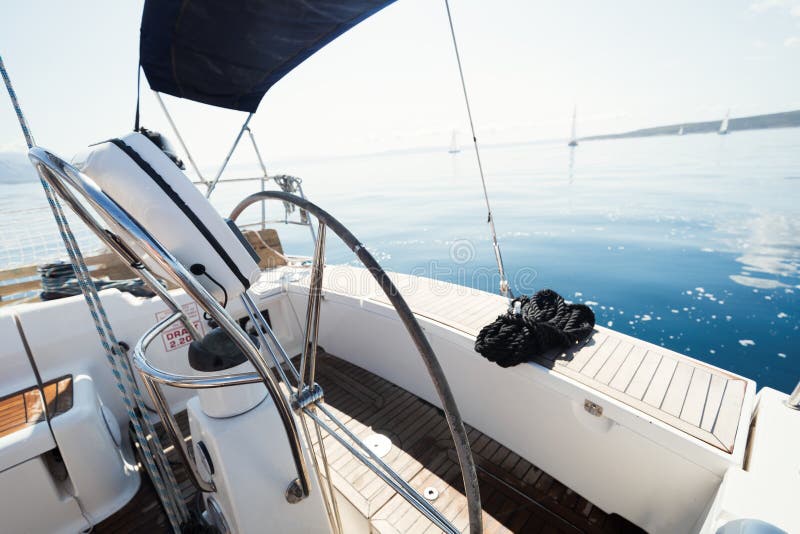 Modern Ship Control Panel with Steering Wheel Stock Photo - Image of ...