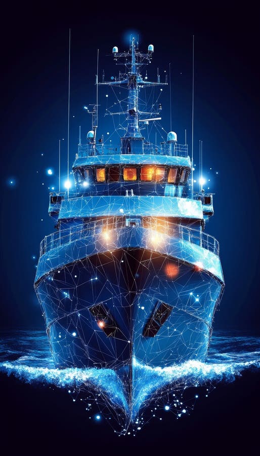 Modern Ship with Glowing Lights, Digital Overlay Representing Maritime ...