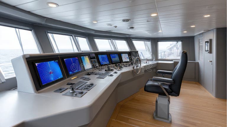 Modern Ship S Bridge with Navigation Equipment and Captain S Chair ...