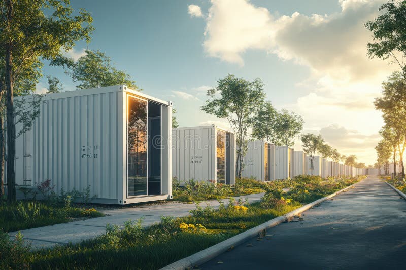 Modern Shipping Container Homes Line a Tranquil Pathway at Sunset Stock ...